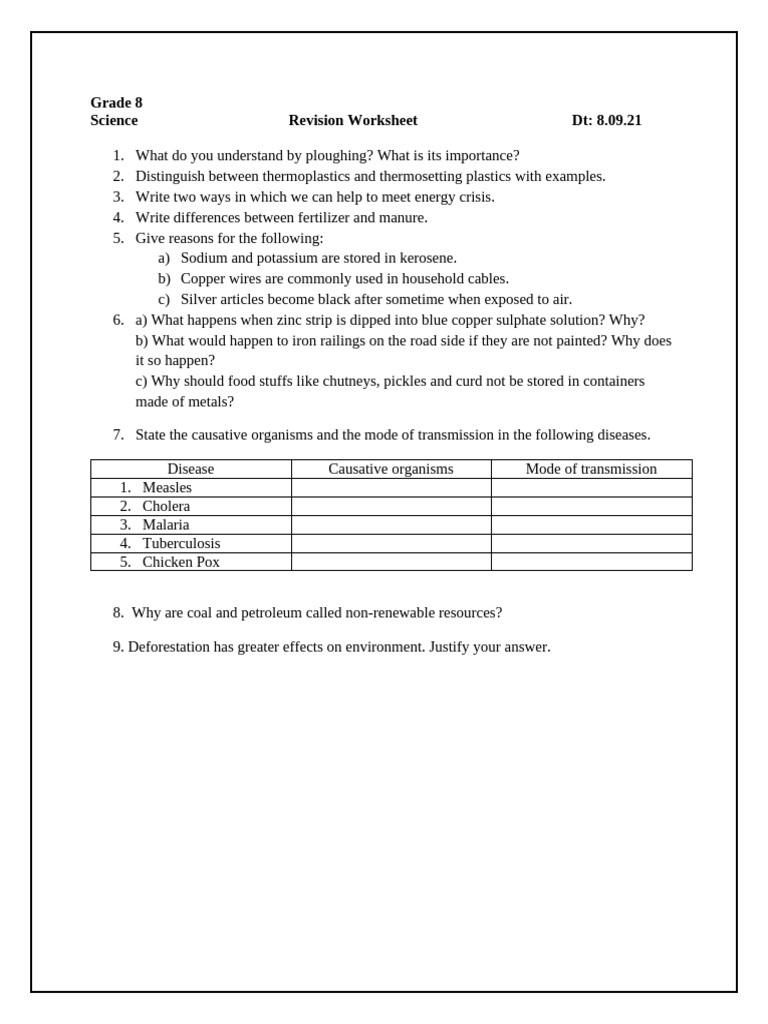 Grade 8 Revision Worksheet (8.9.21) | PDF