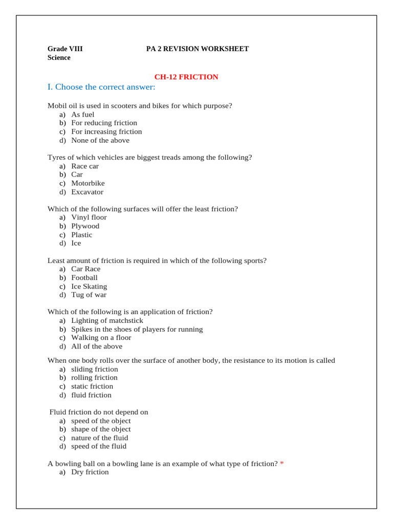 GR 8 Science PA2 Revision Worksheet | PDF | Friction | Bacteria