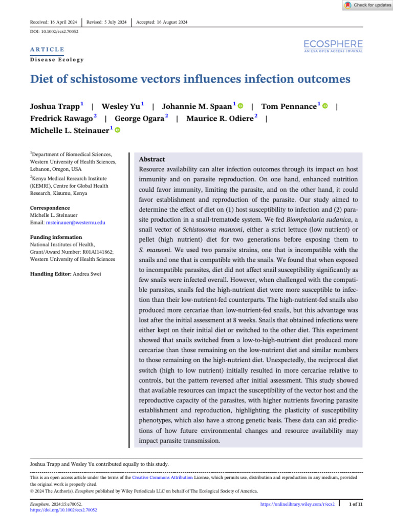 Ecosphere - 2024 - Trapp - Diet of Schistosome Vectors Influences ...