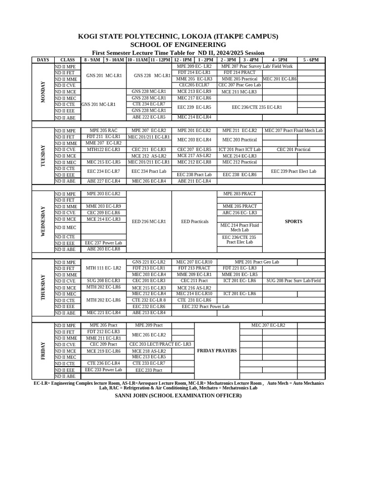 Updated SOE 2024 - 2025 ND II First Semester Timetable | PDF