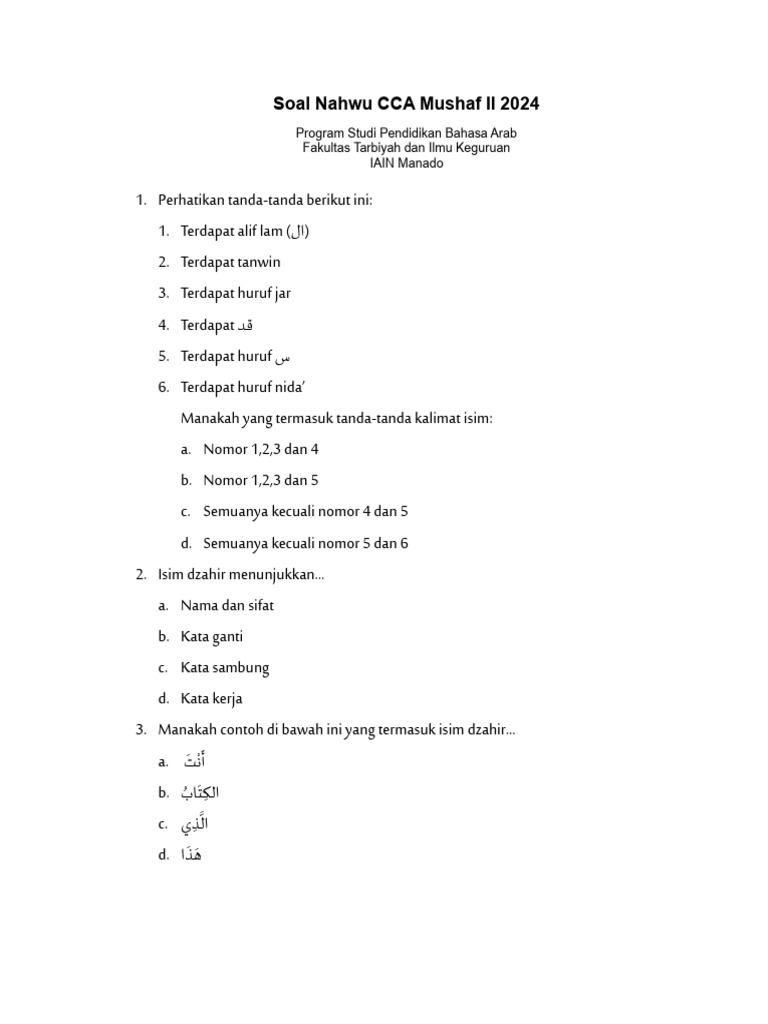 SOAL NAHWU CERDAS CERMAT MUSHAF 2024 1 | PDF
