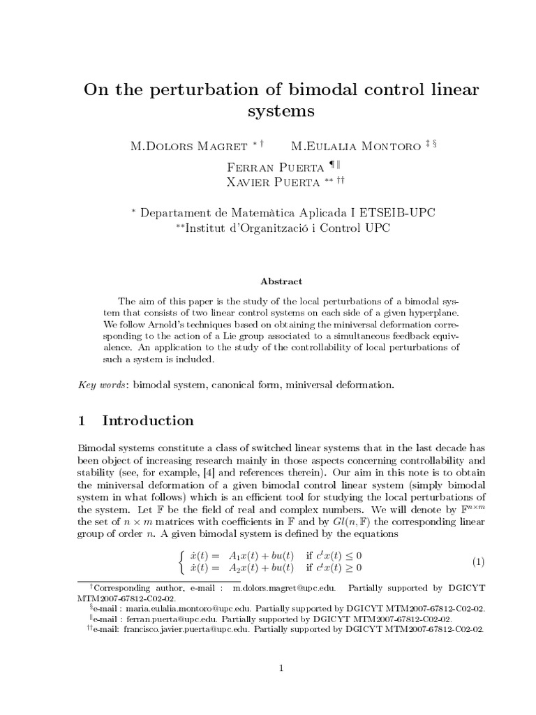 On The Perturbation of Bimodal Control Linear Systems | PDF | Matrix (Mathematics) | Determinant