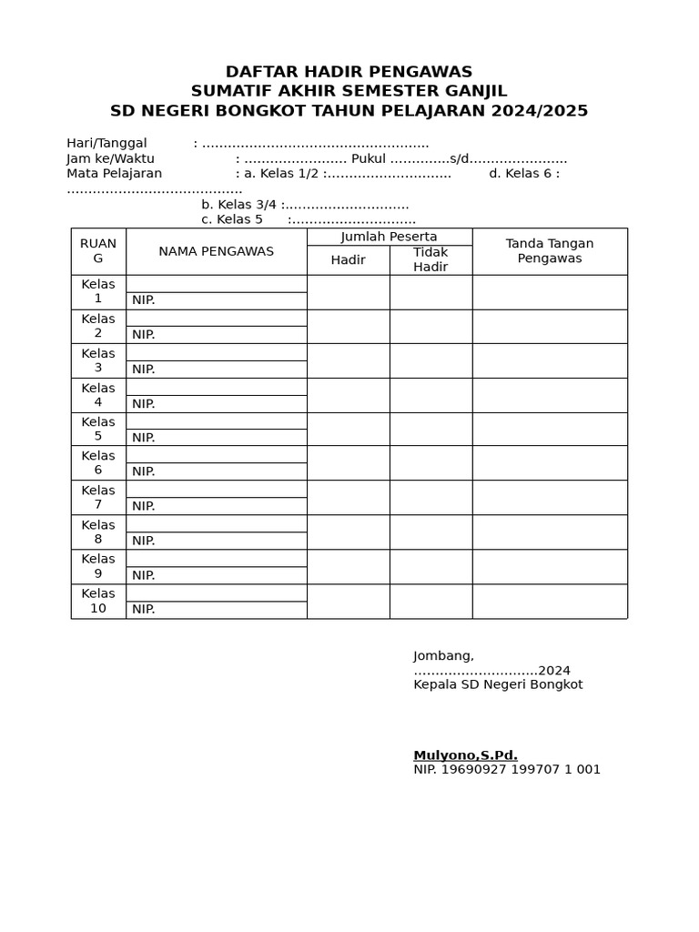 Daftar Hadir Pengawas | PDF