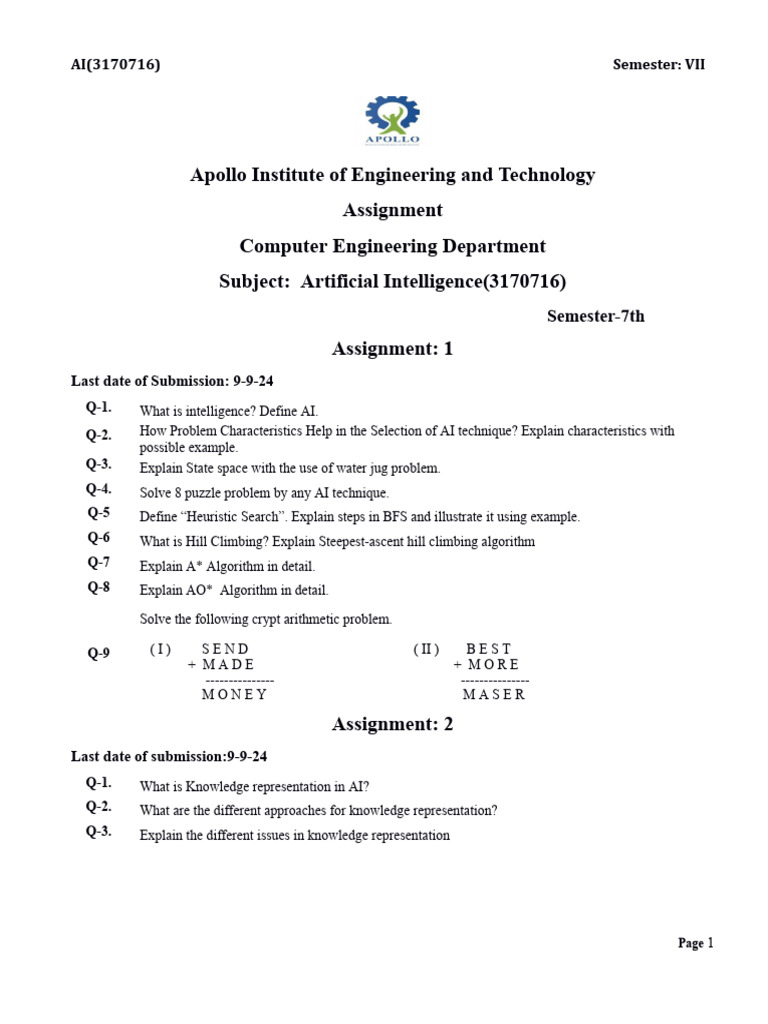 AI Assignments 2024-25 | PDF | Artificial Intelligence | Intelligence (AI) & Semantics