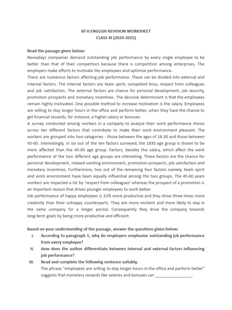 BT-II READING REVISION WORKSHEET | PDF | Incentive | Employment