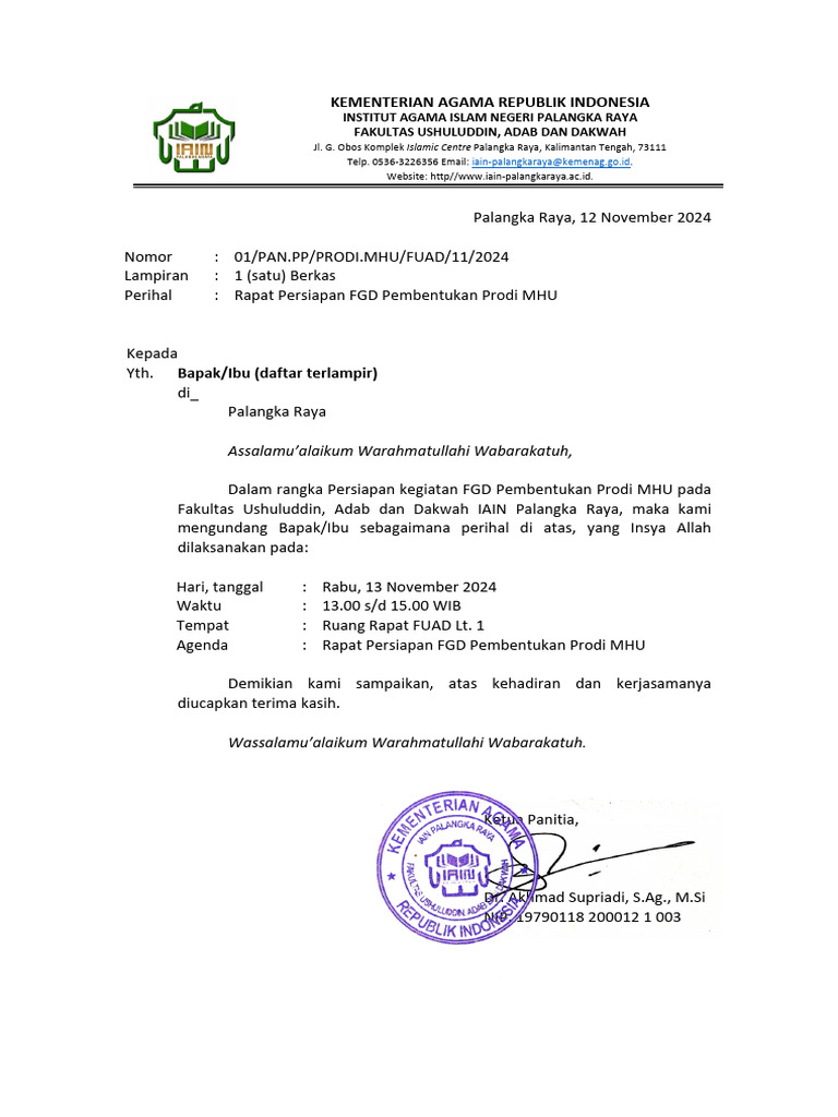 Surat Undangan Rapat Persiapan Kegiatan Fgd Prodi Mhu Pdf
