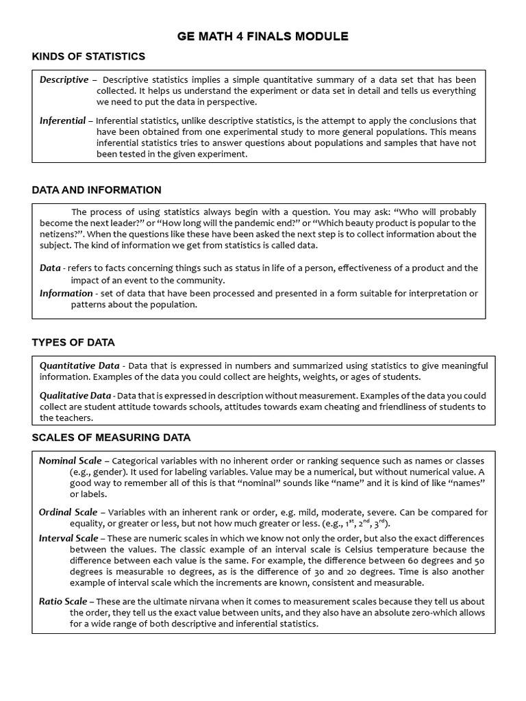 Ge Math 4 Finals Module | PDF | Statistics | Level Of Measurement