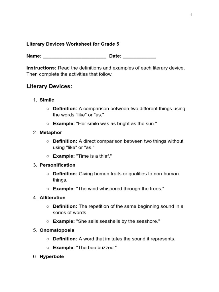 Grade 5 Literary Devices Worksheet | PDF | Rhetorical Techniques