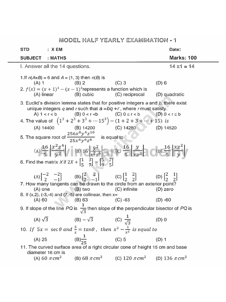 10th Maths Model Half Yearly Question Paper 1 | PDF