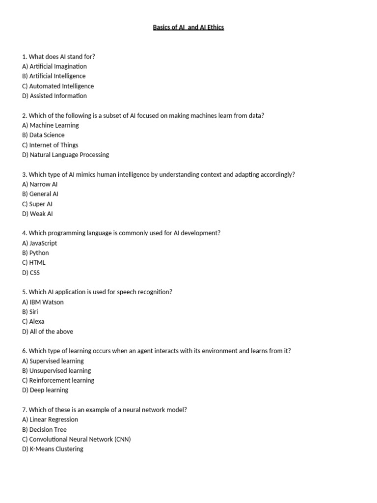 Basics of AI and AI Ethics MCQ | PDF | Artificial Intelligence ...