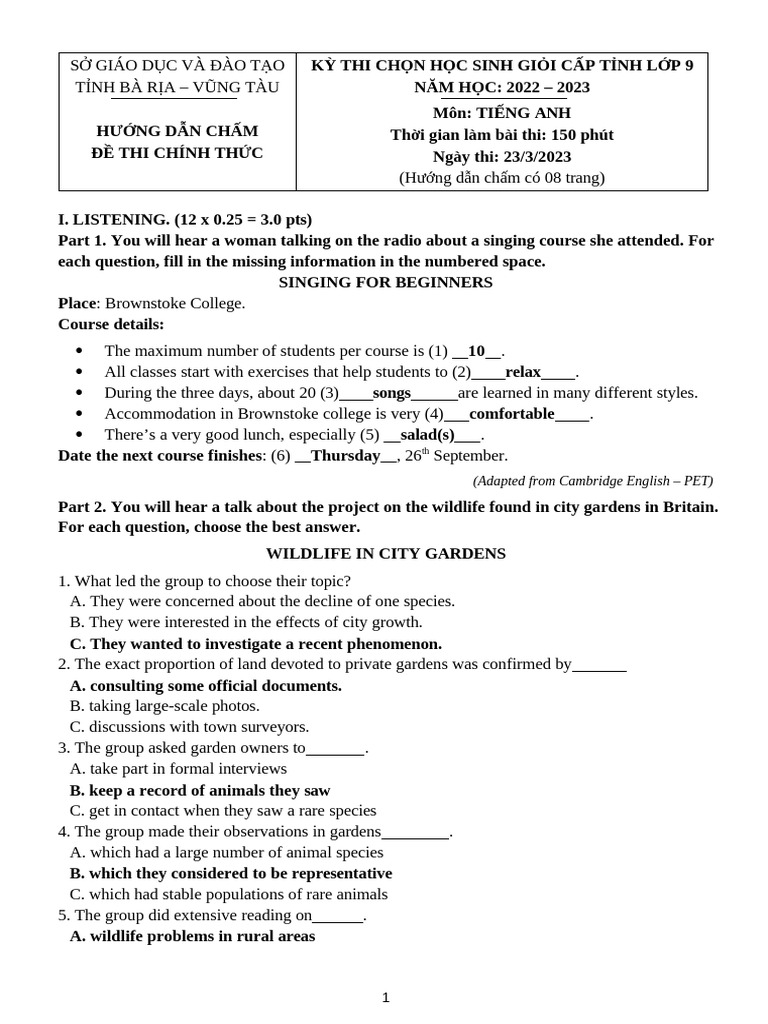 1 bản de thi hsg tieng anh lop 9 ba vi vung tau 2023 | PDF | Bullying | Automation