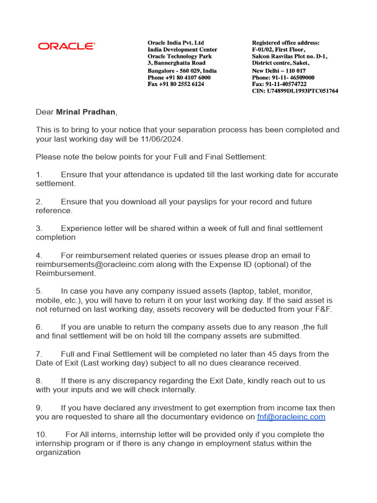 Oracle Exit Letter | PDF | Taxes | Computing