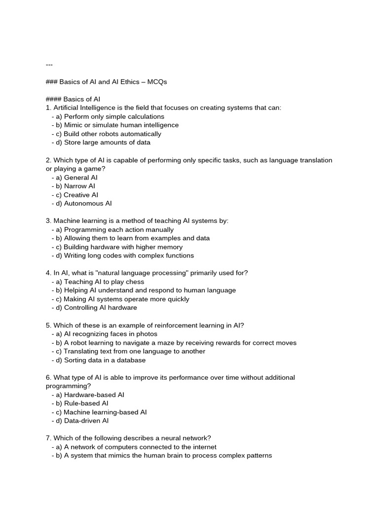30 MCQs On Topic Baiscs of AI and AI Ethics | PDF | Artificial Intelligence | Intelligence (AI ...