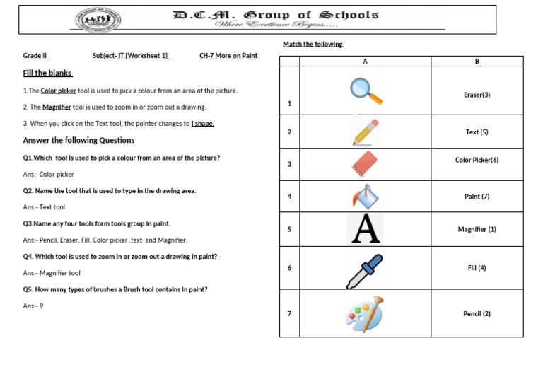MS Paint Tools Worksheet for Grade 2 | PDF