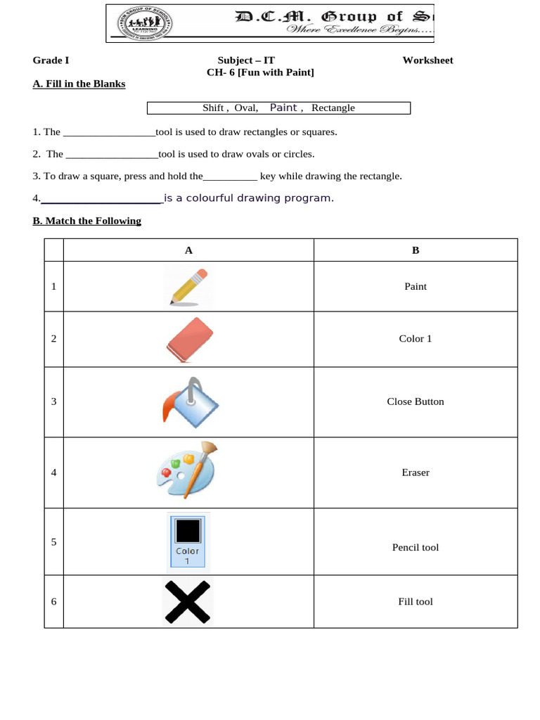 Grade 1 CH 6 Fun With Paint Worksheet | PDF