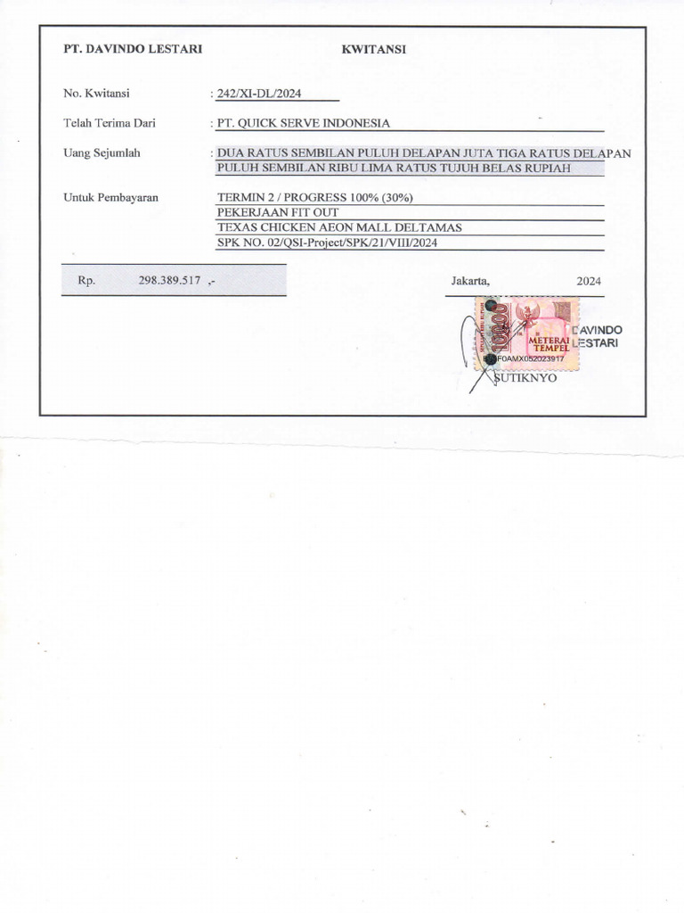 Invoice 242 - Termin 2 - Texas AEON Deltamas | PDF