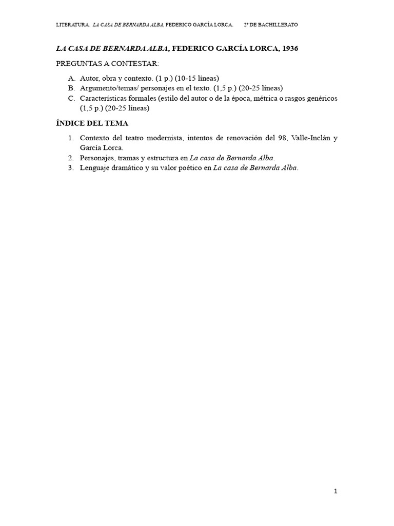 Análisis de "La Casa de Bernarda Alba" | PDF | Federico García Lorca