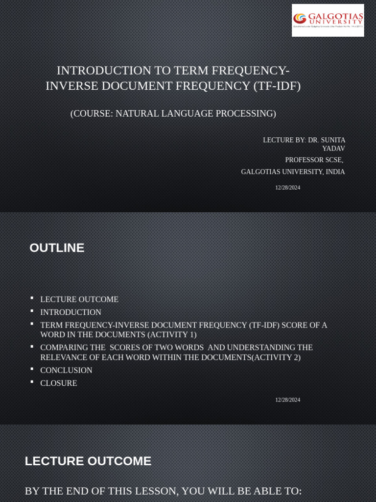 (Example) SCSE Dr. Sunita Yadav Microteaching Slides TF-IDF Revised ...