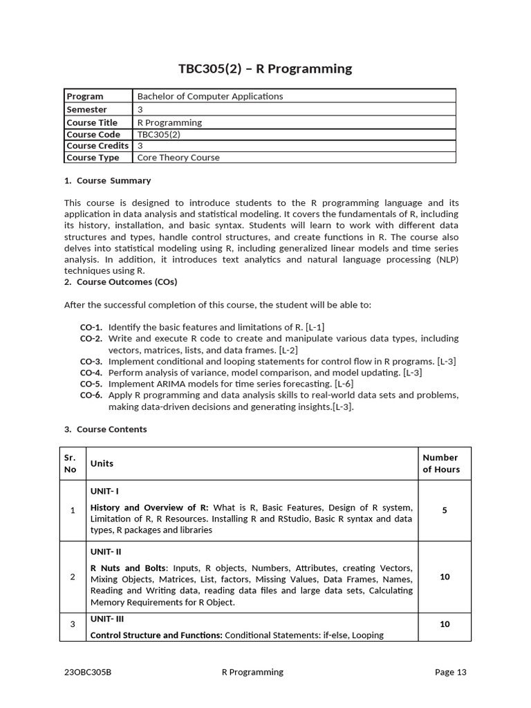 BCA 3rd Sem TBC305 (2) R Programming Jayashree Kulkarni-1 | PDF | R (Programming Language ...
