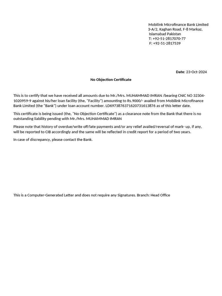 No Objection Certificate - Mobilink Bank | PDF