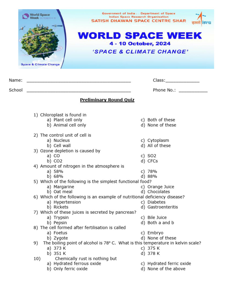 Preliminary Space Quiz Question Paper - 8th-10th | PDF | Rocket ...