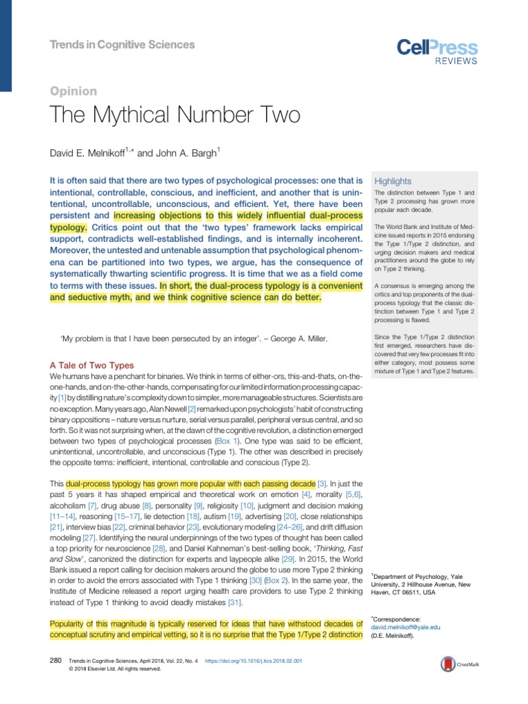 Melnikoff & Bargh - 2018 - Trends in Cognitive Sciences - The Mythical Number Two | PDF ...