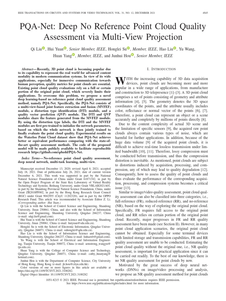 Pqa Net Deep No Reference Point Cloud Quality Assessment Via Multi View Projection Pdf Data