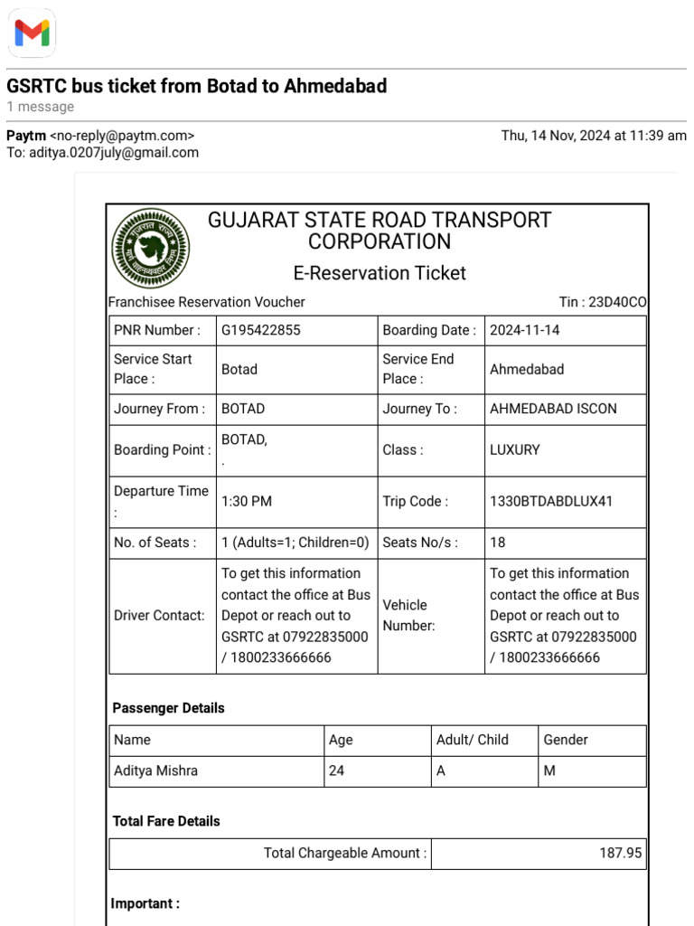 Gmail - GSRTC Bus Ticket From Botad To Ahmedabad 2.0 | PDF | Bus ...