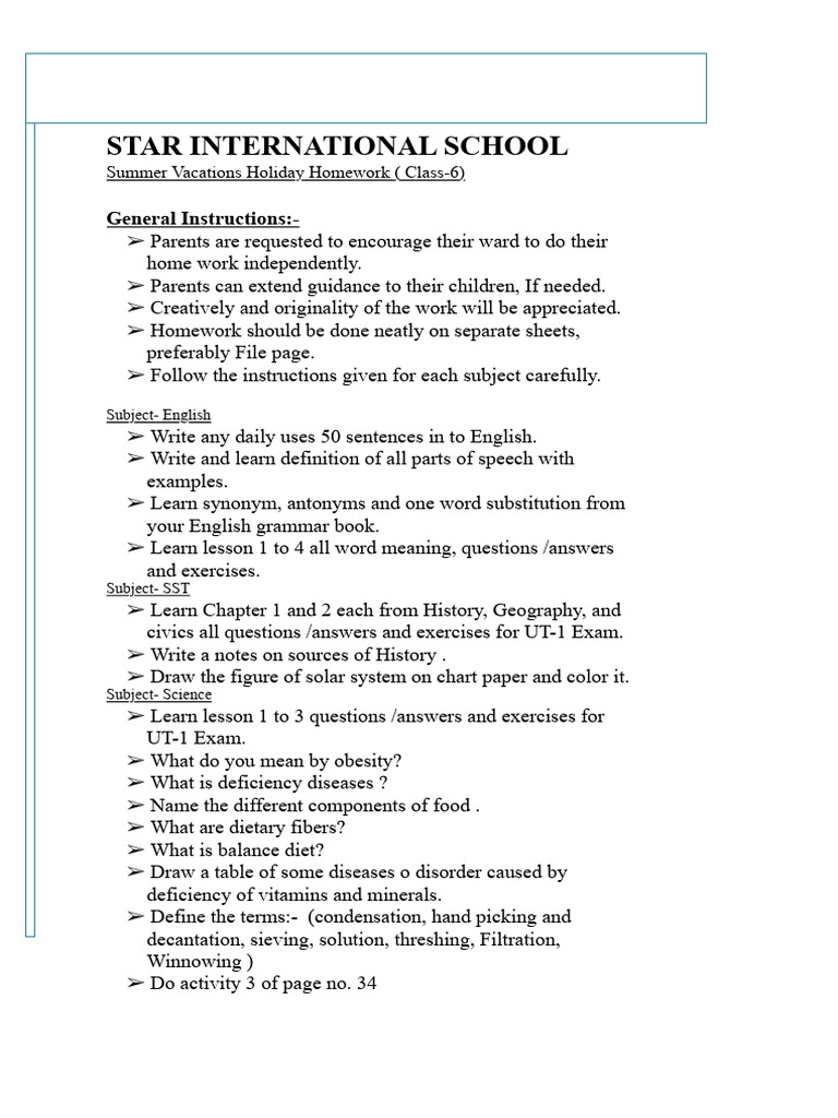 Class 6 Summer Homework Guide | PDF