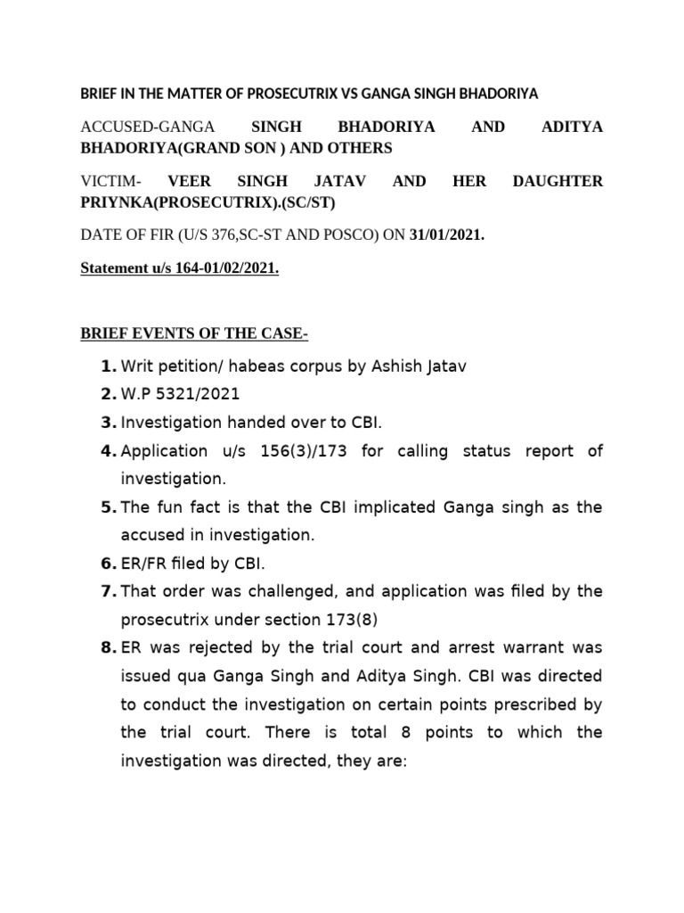 Brief in The Matter of Prosecutrix Vs Ganga Singh Bhadoriya SC | PDF ...