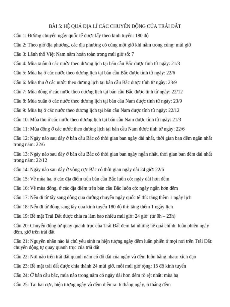 ÔN TẬP ĐỊA 10_ HK 1 | PDF