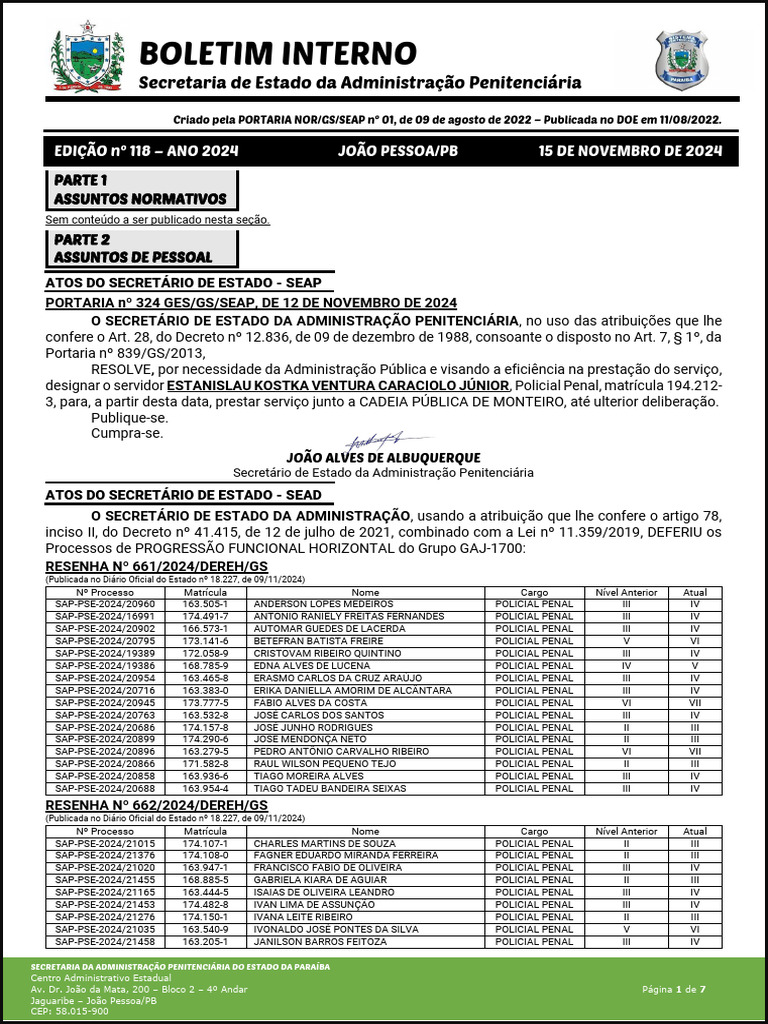 Boletim Interno da SEAP - Nov/2024 | PDF | Justiça | Crime e Violência