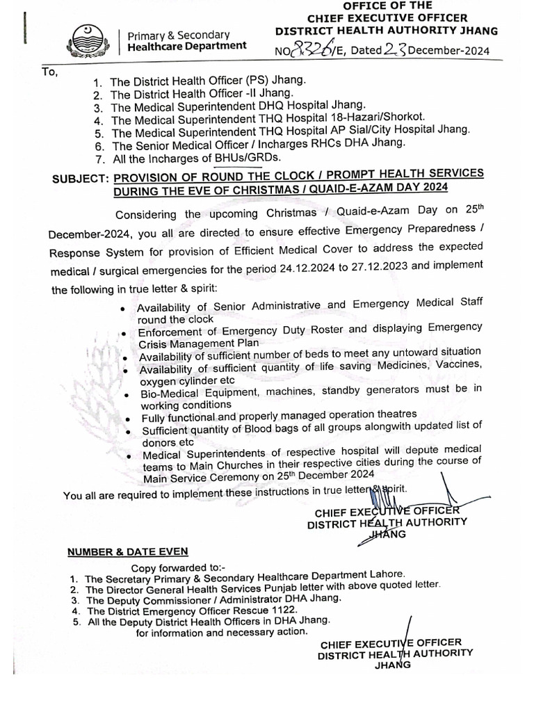 Provision of Round The Clock Prompt Health Services During The Eve of ...