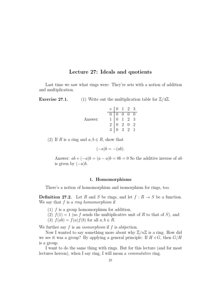 2014 Fall 122 Lecture 27 Ideals Quotients Fields | PDF | Ring (Mathematics) | Group (Mathematics)