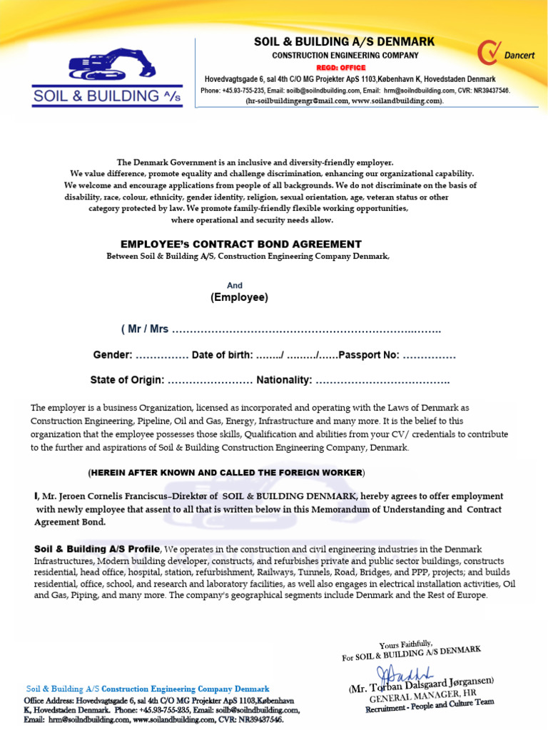 Employment Contract with Soil & Building A/S | PDF | Employment | Salary