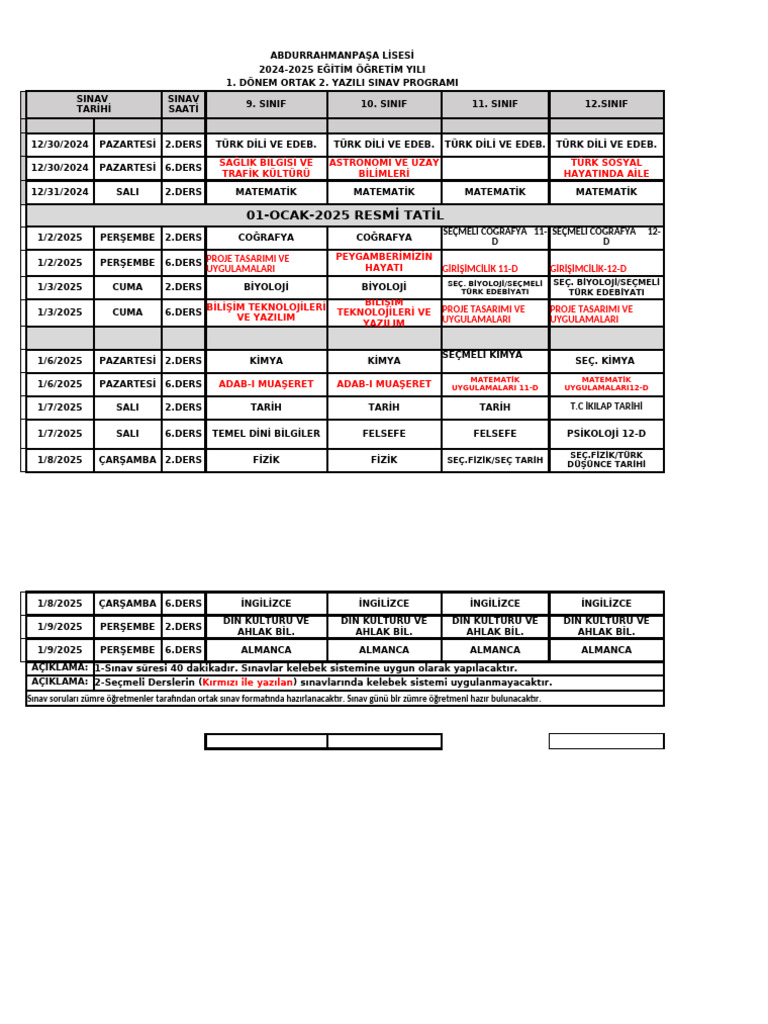 30-Aralik 2024 Sinav Takvi̇mi̇ | PDF