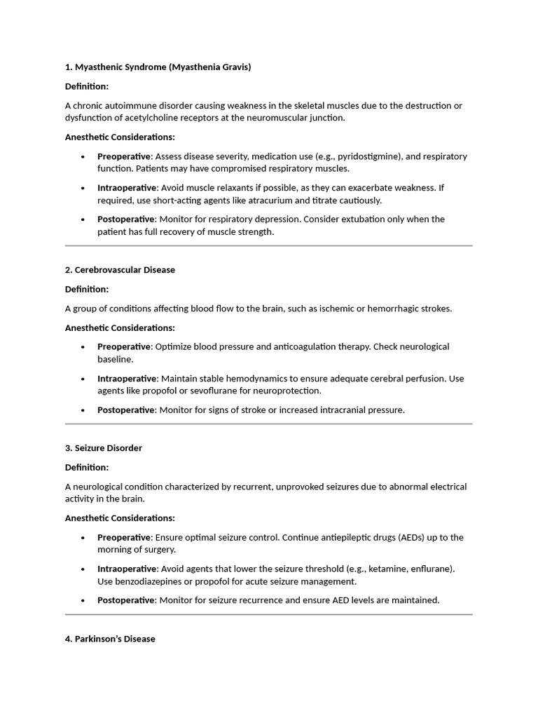 Anesthetic Considerations for Neurological Disorders | PDF | Anesthesia ...