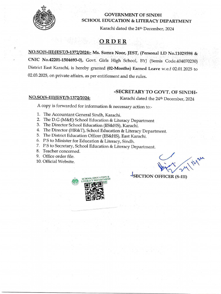 Order For Grant of 02-Months Earned Leave in Respect of Ms Samra Noor ...