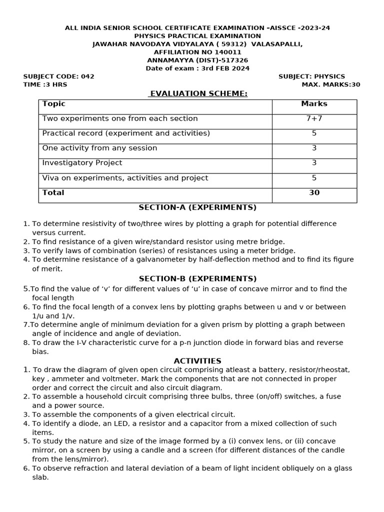 AISSCE 2023-24 Physics Practical Exam | PDF | Electrical Resistance And Conductance | Electrical ...