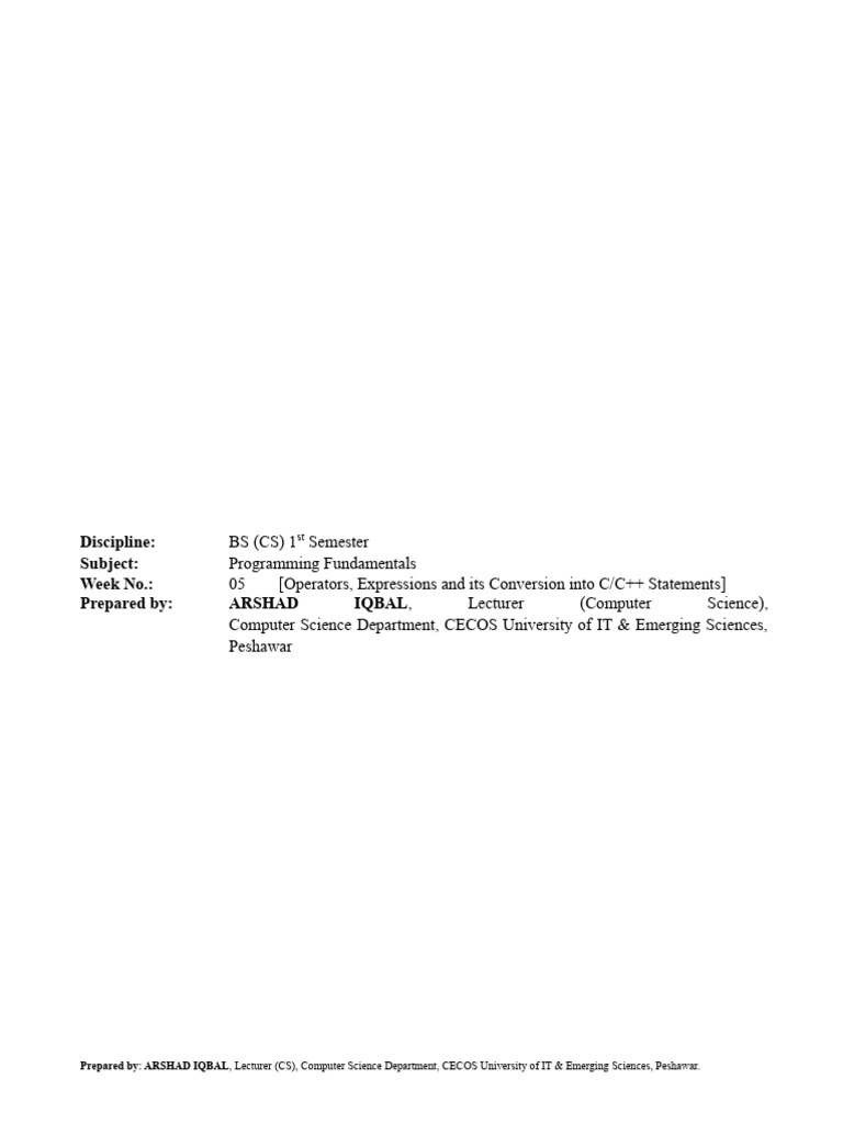 Lecture No. 05 [Operators, Expressions and its Conversion into C & C++ Statements] | PDF ...