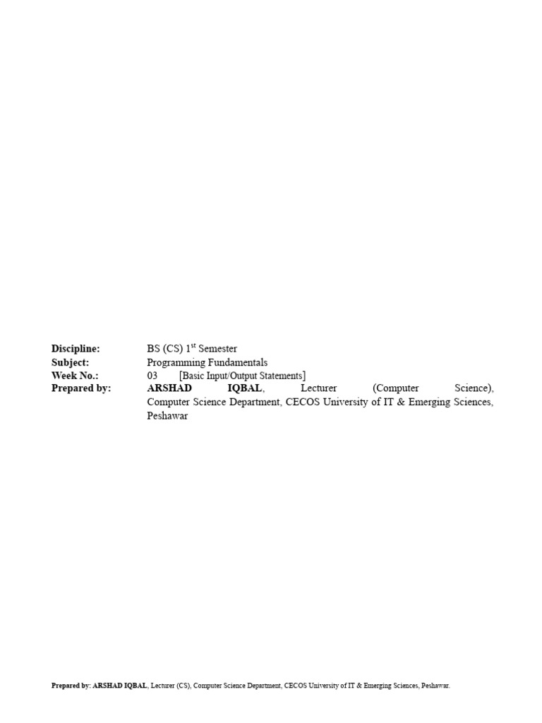Lecture No. 03 (Basic Input and Output Statements) | PDF | Integer (Computer Science) | Computer ...