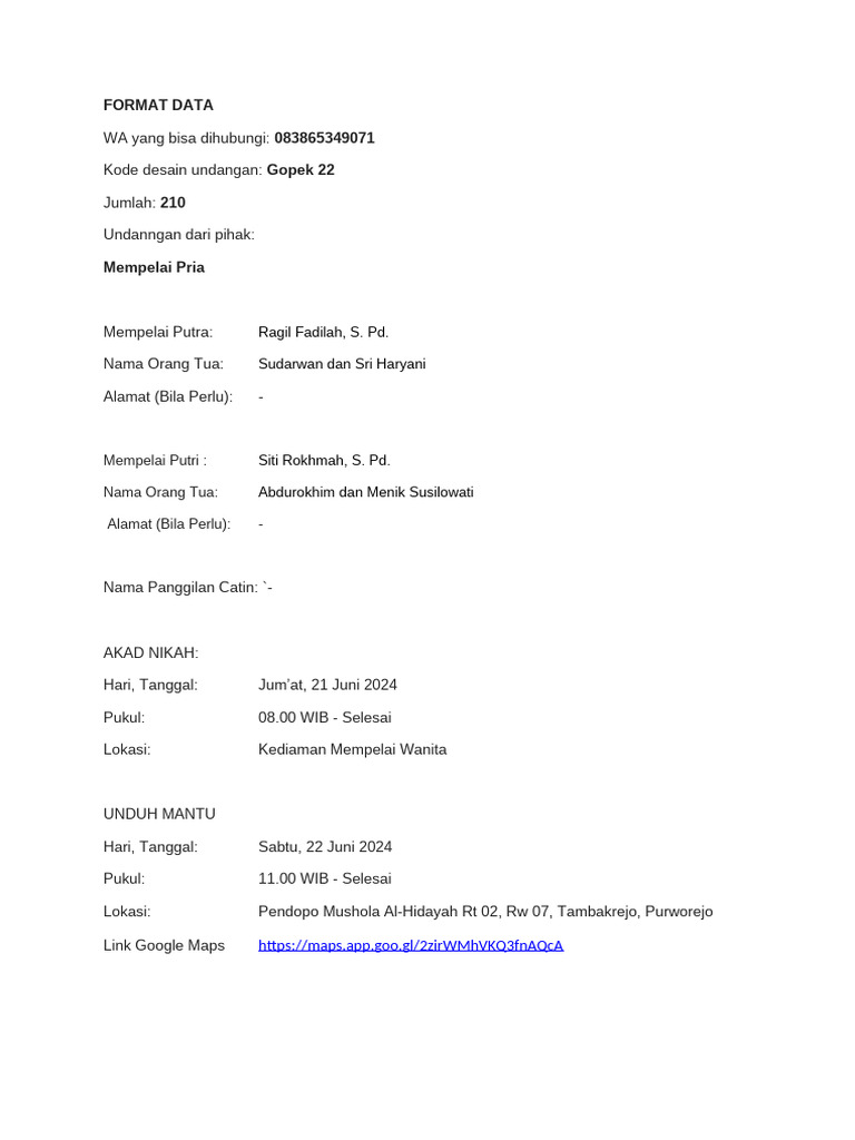 Format Data Undangan Gopek 22 | PDF