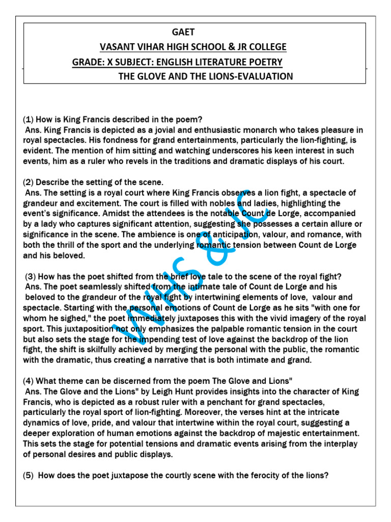 Gaet Vasant Vihar High School & JR College Grade: X Subject: English ...