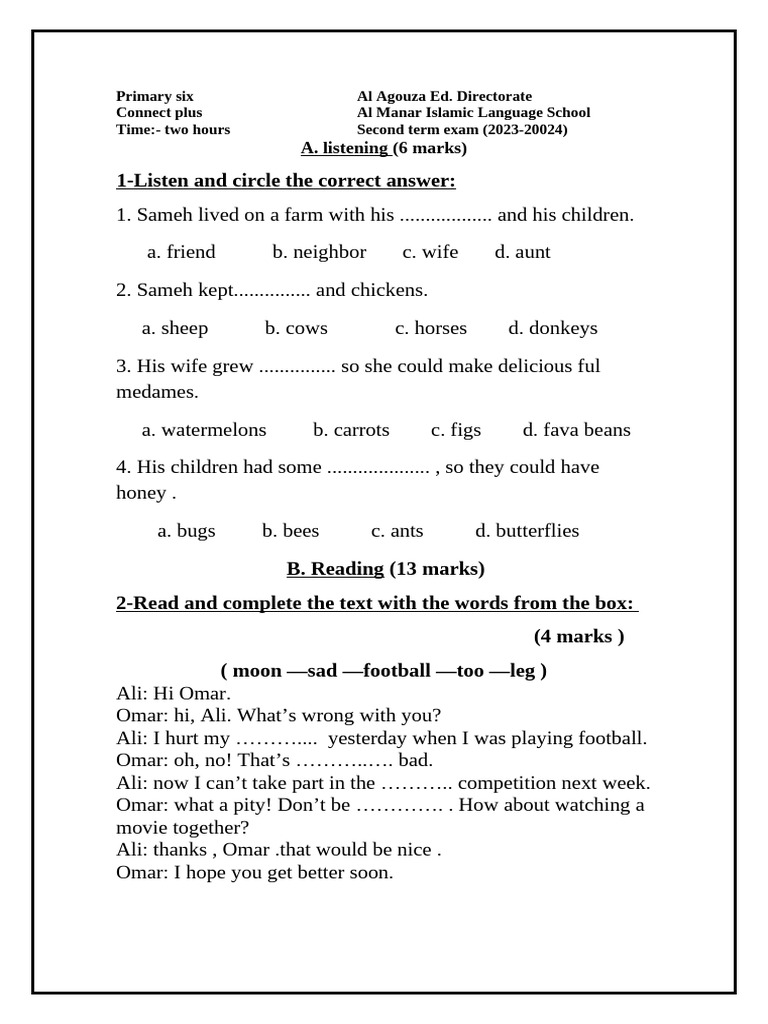 Primary 6 Second Term Exam Connect Plus | PDF