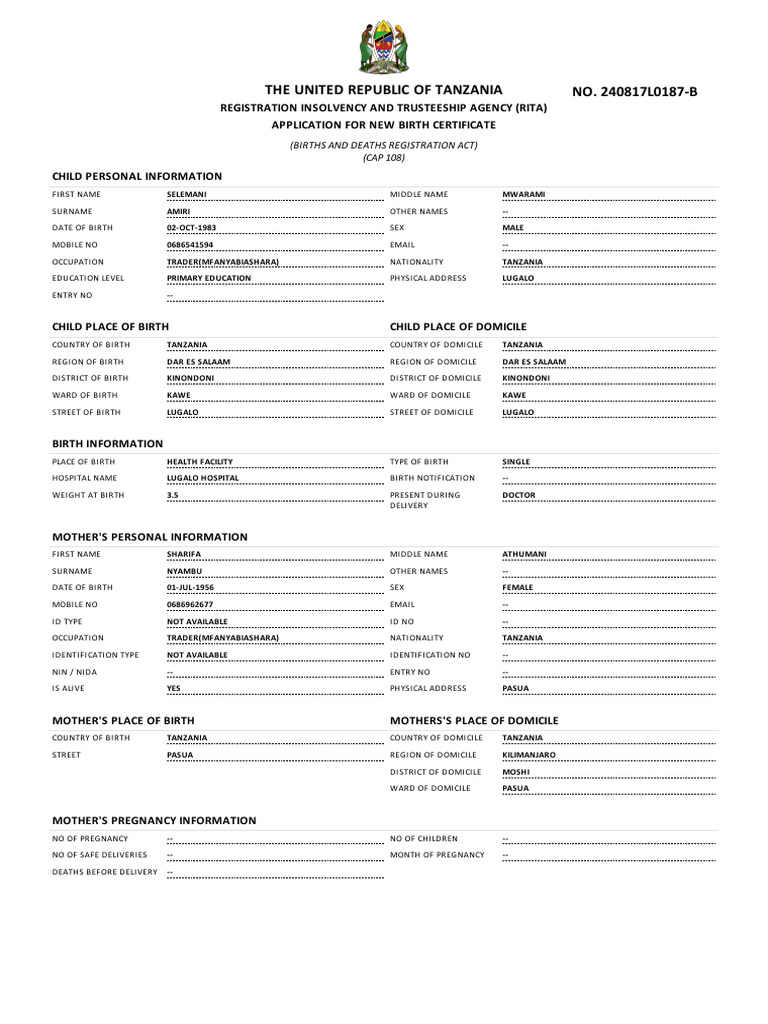 Tanzania Birth Certificate Form | PDF | Government And Personhood