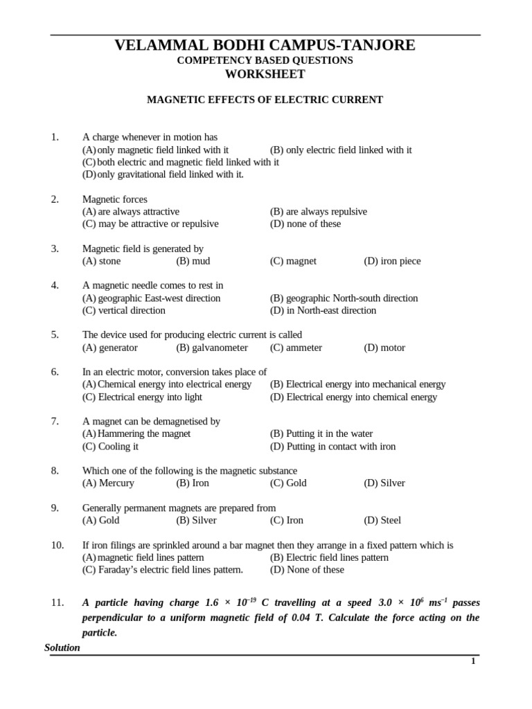 WORKSHEET 1- MAGNETIC EFFECTS | PDF | Electric Generator ...