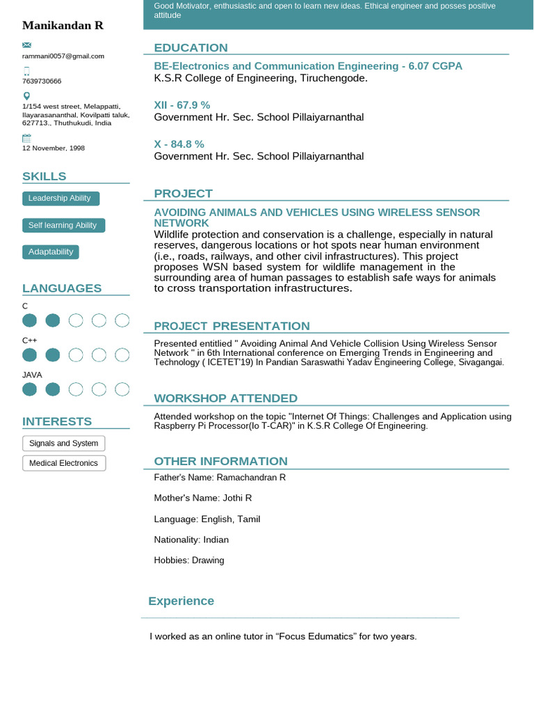 1561787909046resume Manikandan | PDF | Wireless Sensor Network