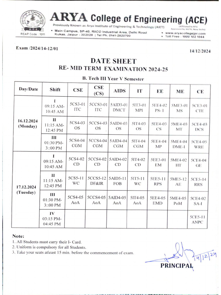 V Semester Remid Term Exam Notice | PDF