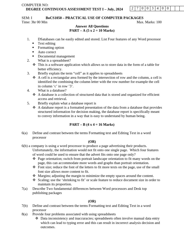ICT TEST | PDF | Spreadsheet | Databases