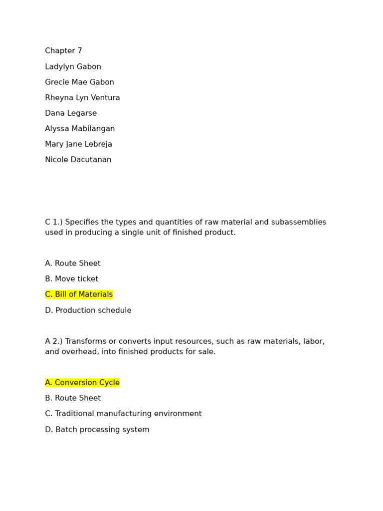 Chapter 7 AIS Questionnaire | PDF | Inventory | Production And Manufacturing